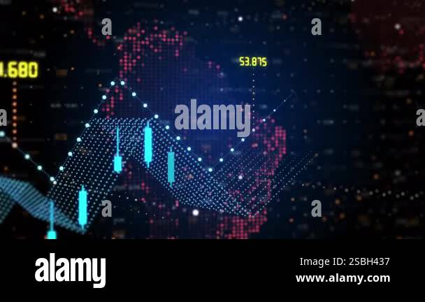 Trading chart showing numbers increase and decrease on different globe areas. Financial market ...
