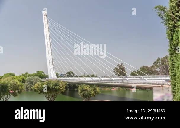Alamillo Bridge with a tall pylon and steel cables spans over the ...
