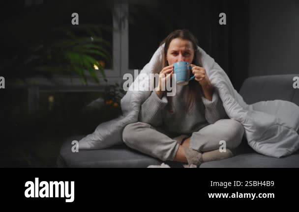Sick girl got flu or caught cold, having allergy symptoms. Ill allergic ...