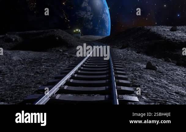 A train travels on tracks across a lunar landscape with Earth ...
