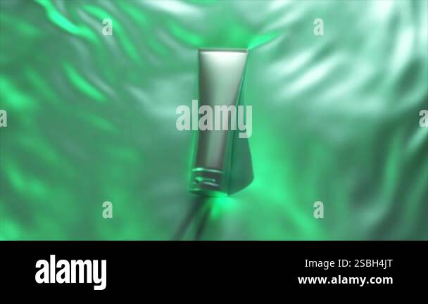 Elegant metallic cosmetic tube slowly rotating on luxurious green satin ...