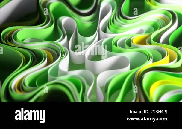 Paper stripes in green, white and yellow smoothly morphing and changing shape, creating an ...
