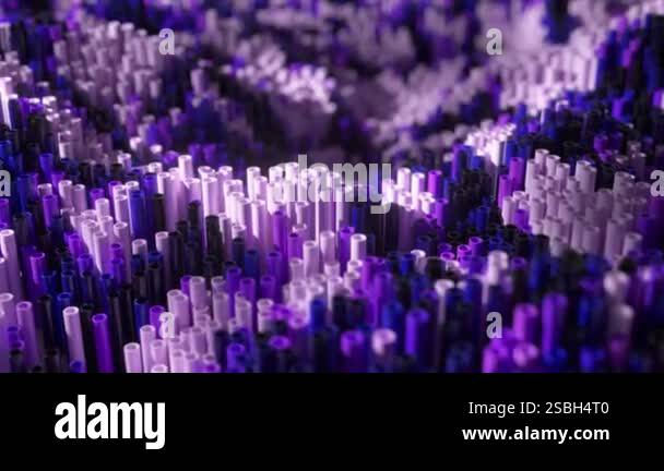 Abstract purple and blue cylinders rising and falling, creating a ...