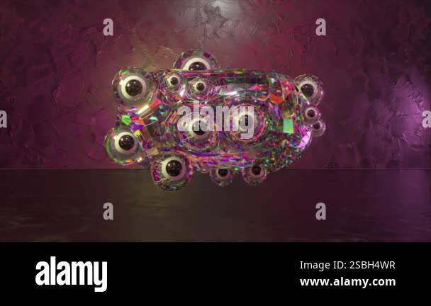 Multifaceted crystal shape with many eyes is hovering slightly above a ...
