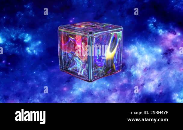 Glass cube with colorful reflections floating in colorful nebula space ...