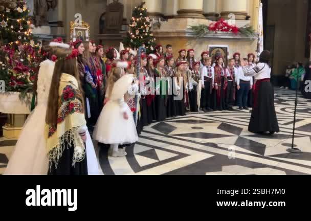 LVIV, UKRAINE - JANUARY 11, 2025: Children's church choir under the ...