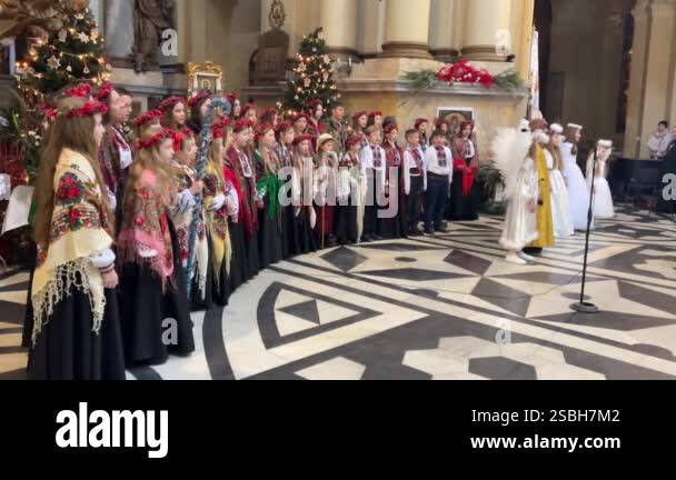 LVIV, UKRAINE - JANUARY 11, 2025: Children's church choir under the ...