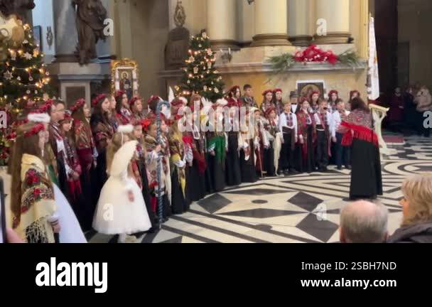 LVIV, UKRAINE - JANUARY 11, 2025: Children's church choir under the ...