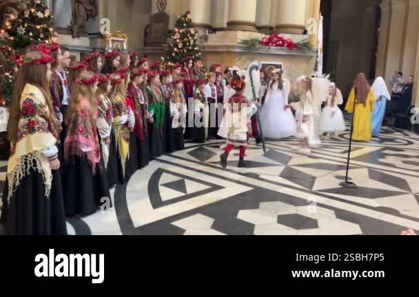 LVIV, UKRAINE - JANUARY 11, 2025: Children's church choir under the ...
