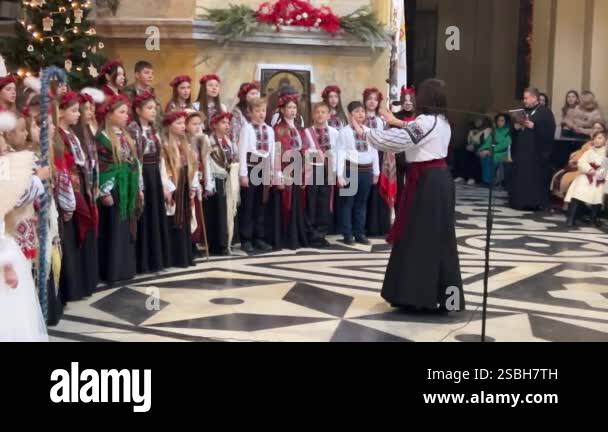 LVIV, UKRAINE - JANUARY 11, 2025: Children's church choir under the ...