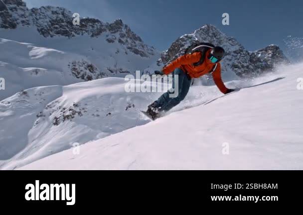 Off Piste Snowboarder Running Down. Super Slow Motion, 1000 fps ...