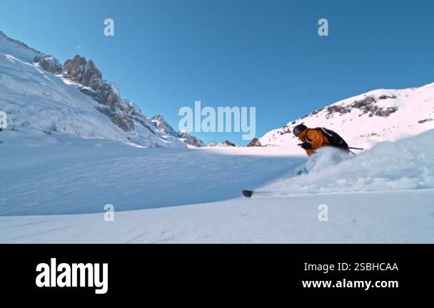 Off Piste Skier Running Down. Super Slow Motion, 1000 fps. Skiing on ...