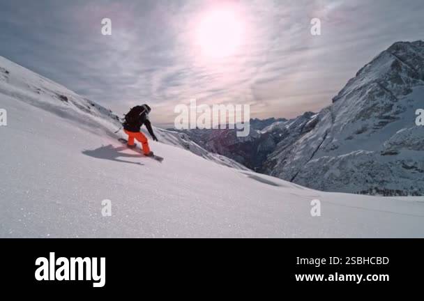 Off Piste Snowboarder Running Down. Super Slow Motion, 1000 fps ...