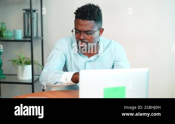 nervous man making report in home office, portrait of anxious worker ...
