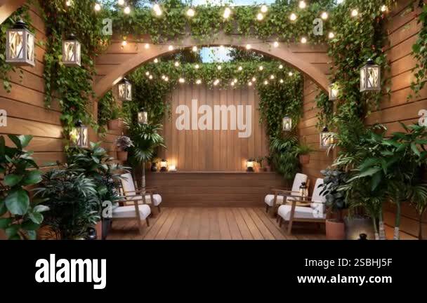 Animation of modern contemporary wooden terrace with a curved arch ...