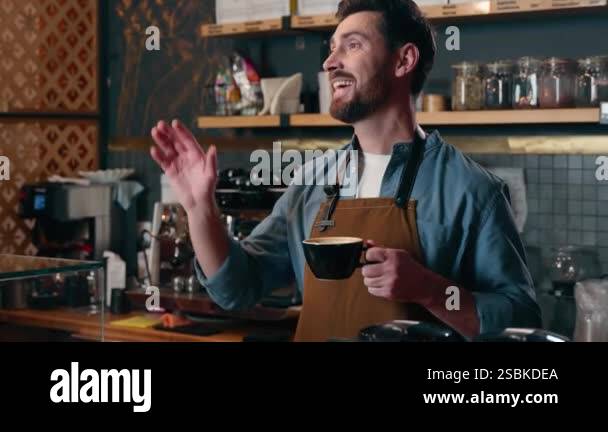 Cheerful happy Caucasian waiter cafe worker barista small business ...