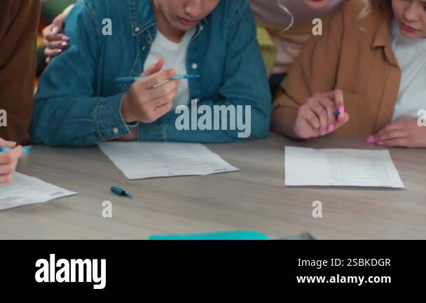 Four school Caucasian students happy smiling talk learn pupils studying ...