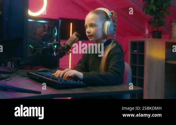 Talking microphone teenager little girl enjoy streaming daughter child ...