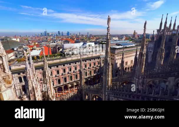 Panorama of the Gothic Cathedral rooftop with ornate sculptured towers ...
