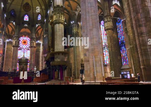 Panorama of Gothic Milan Cathedral (Duomo di Milano) prayer hall with ...