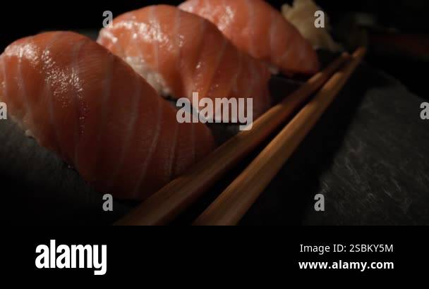 delicious Japanese food, pink salmon nigiri sushi rich in omega 3 fatty ...