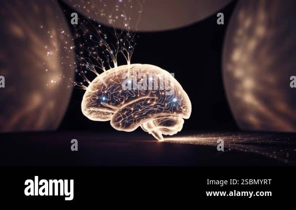 Human brain with highlighted neural pathways and electric activity, visualizing brain function ...