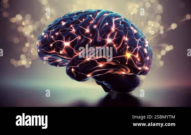 Human brain with highlighted neural pathways and electric activity, visualizing brain function ...