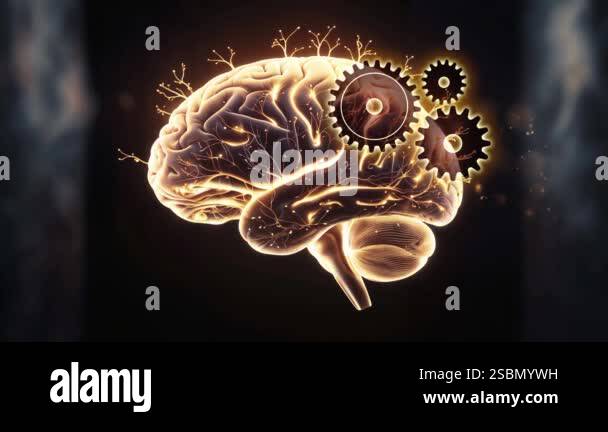 Human brain with highlighted neural pathways and electric activity, visualizing brain function ...