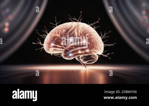 Human brain with highlighted neural pathways and electric activity, visualizing brain function ...