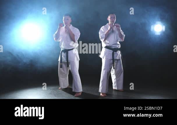 Martial arts masters on dark background. Strong man fighters in white ...