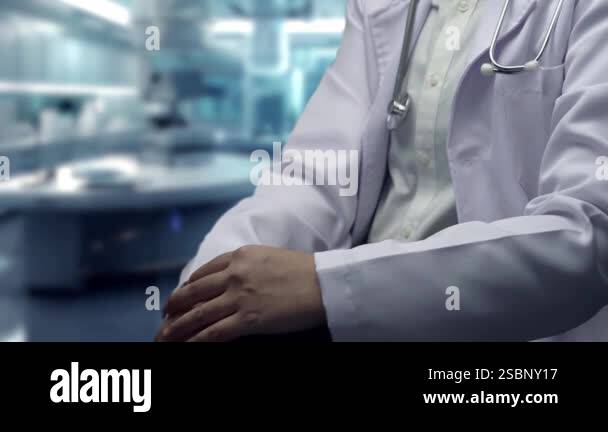 Close up of skilled doctor sitting and showing brain anatomy hologram ...