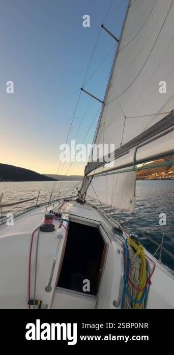Yacht sailing in Adriatic sea. Close-up view of the deck, mast and ...