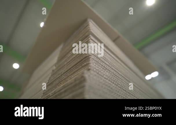Stack of finished cardboard sheets in factory warehouse. Spacious hall stores products in ...