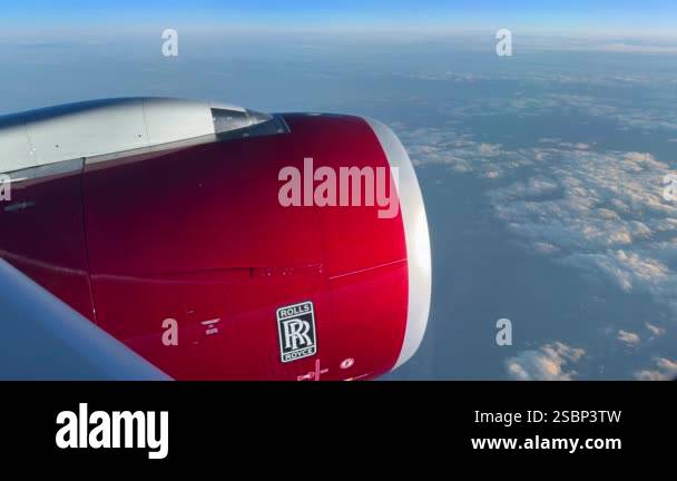 En route London to Miami, 3 January 2025: Close up view of one of the ...