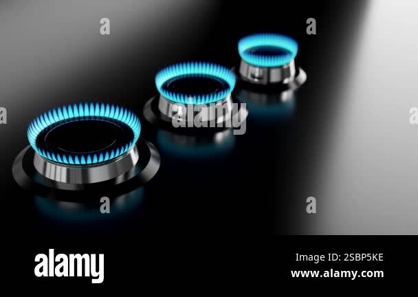 Three propane butane gas burners with blue flames - 3D 4k animation ...