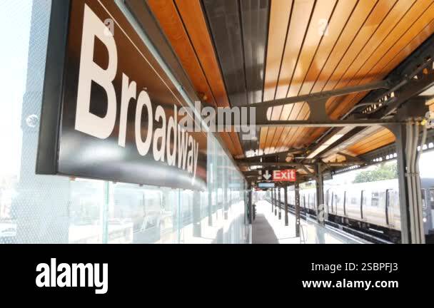 New York subway station Broadway text sign. Metropolitan train on ...