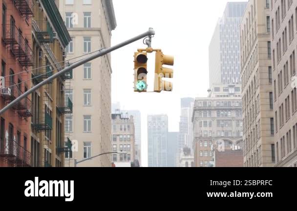 New York City street crossroad, yellow traffic light, transport road ...