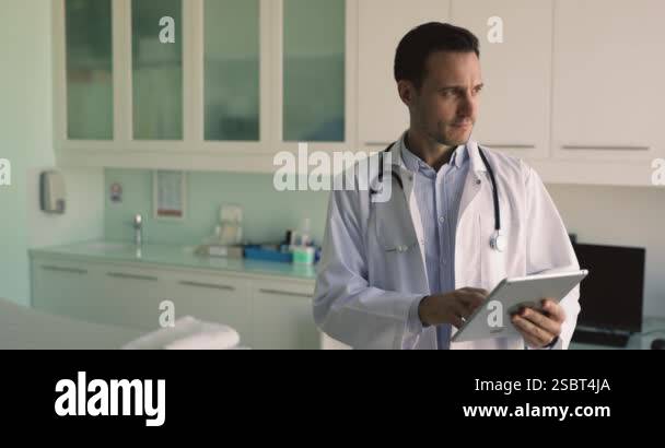 General practitioner doctor man giving online consultation, chatting ...