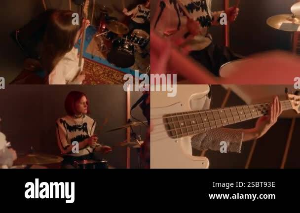 Split screen of punk rock girls intensively playing electric bass ...