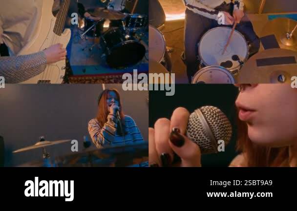 Split screen of punk rock girls performing live in band, singing ...