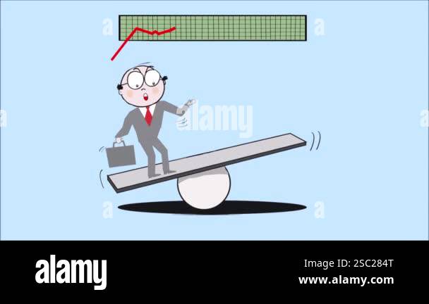 Animated cartoon video clip of business man balancing on a plank ...
