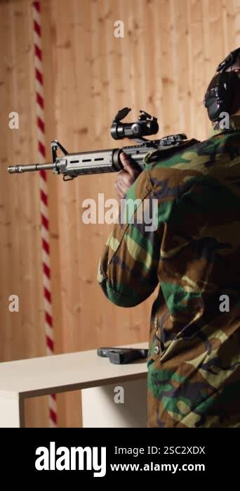 Vertical video Portrait of happy military personnel using tactical ...