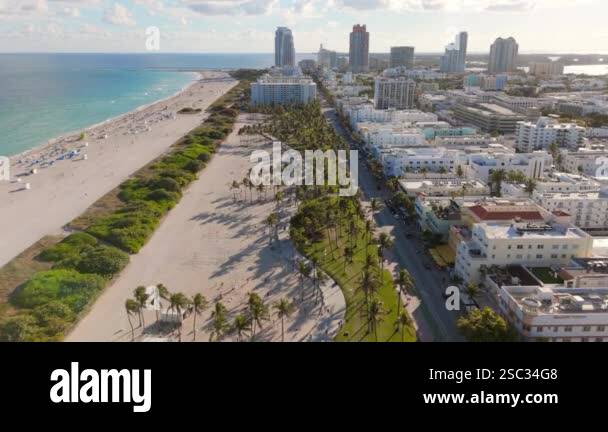 Aerial shot of Miami Beach, collins avenue, stunning Miami skyline ...