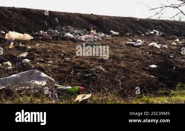 Near the city, large piles and heaps of garbage thrown away carelessly ...