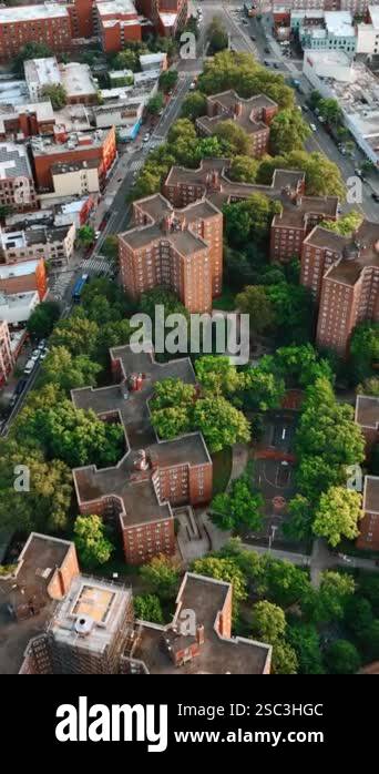 Triangle neighborhood with unusually shaped brick buildings among the ...