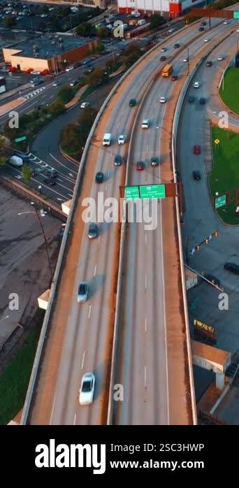 Flying above the highways with lively traffic. Philadelphia roads from ...