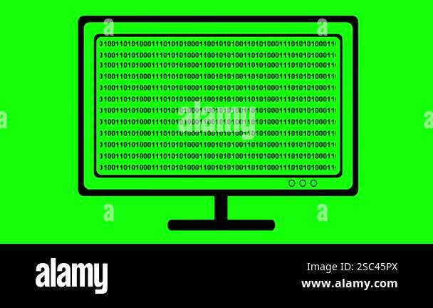 video animation black icon computer monitor with binary code system ...