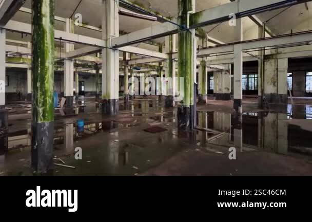 An eerie abandoned factory with moss-covered pillars, water-stained ...