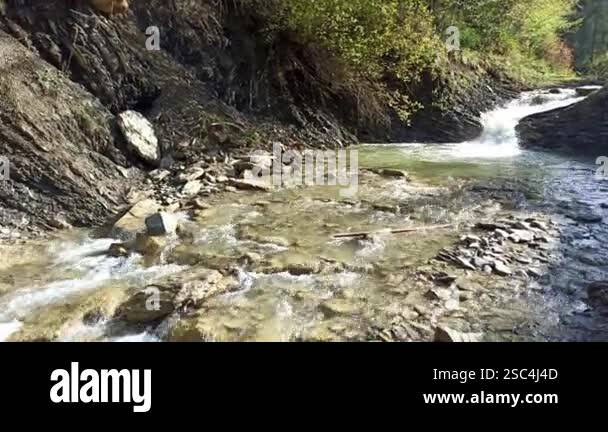 Beautiful landscape with mountainous rapid river. Shallow mountain ...