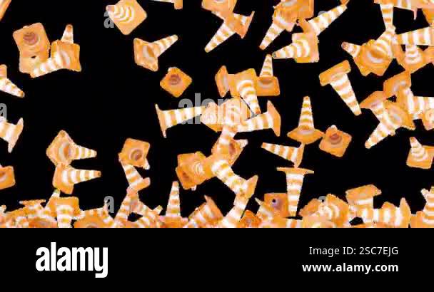 Traffic Cones falling and fill the screen. 3D animation on transparent ...